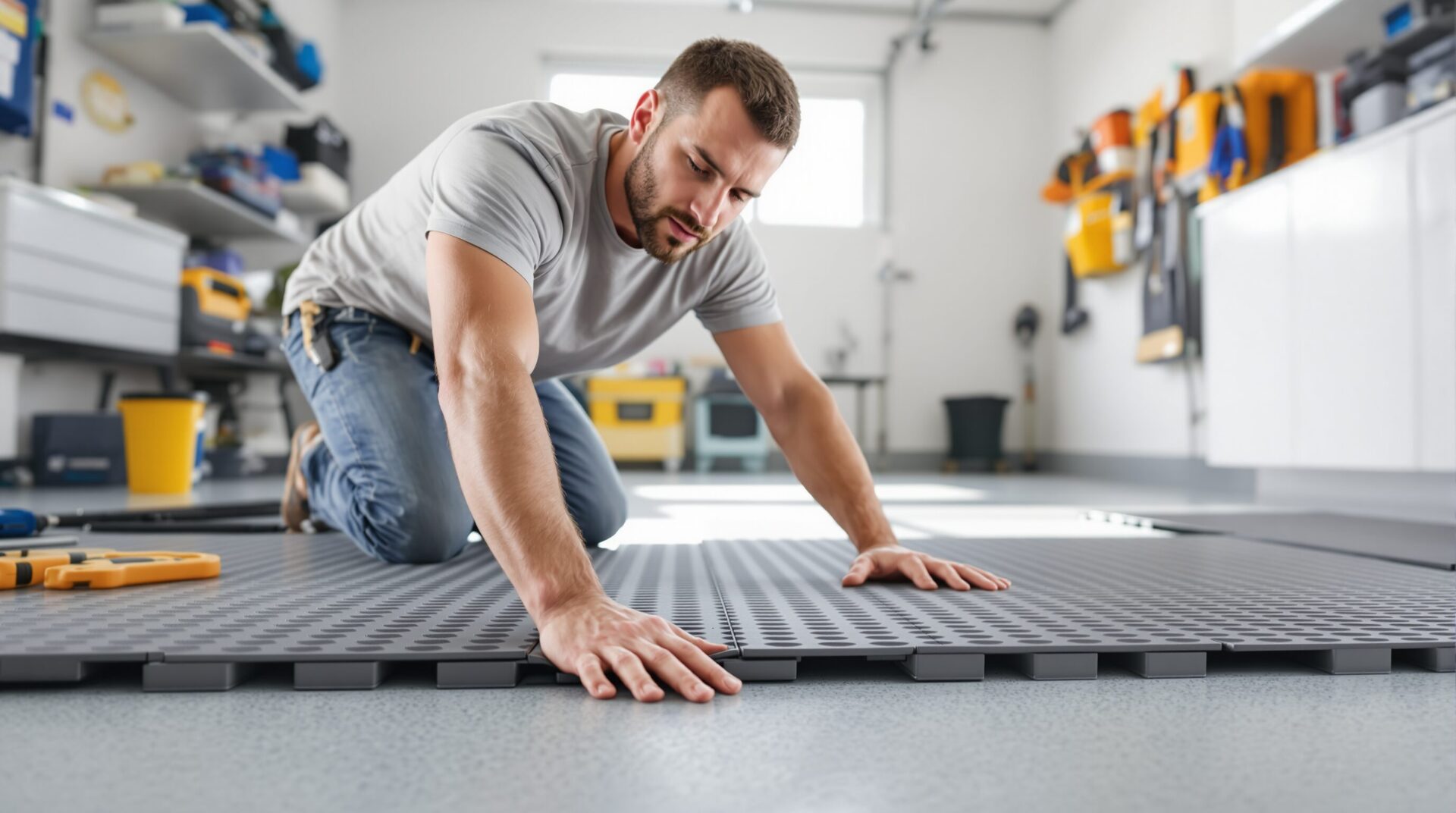 Revêtement sol garage, dalles clipsables, pratique et durable